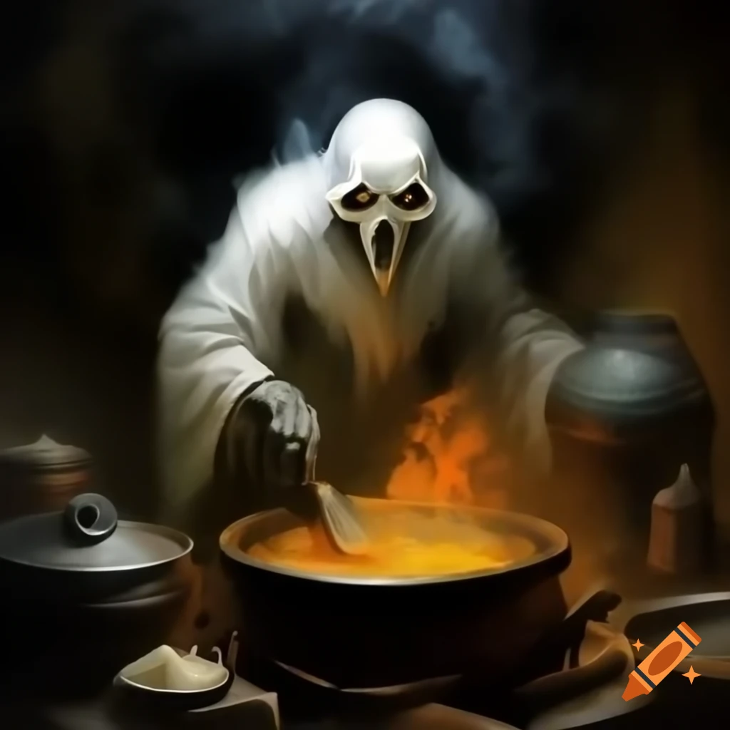 Ghost cooking in a giant cauldron, spooky scene on Craiyon
