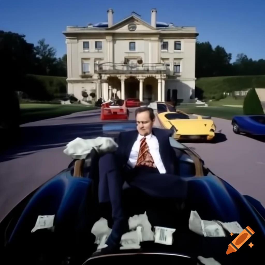 Man in designer outfit leaning against supercar near luxurious mansion ...