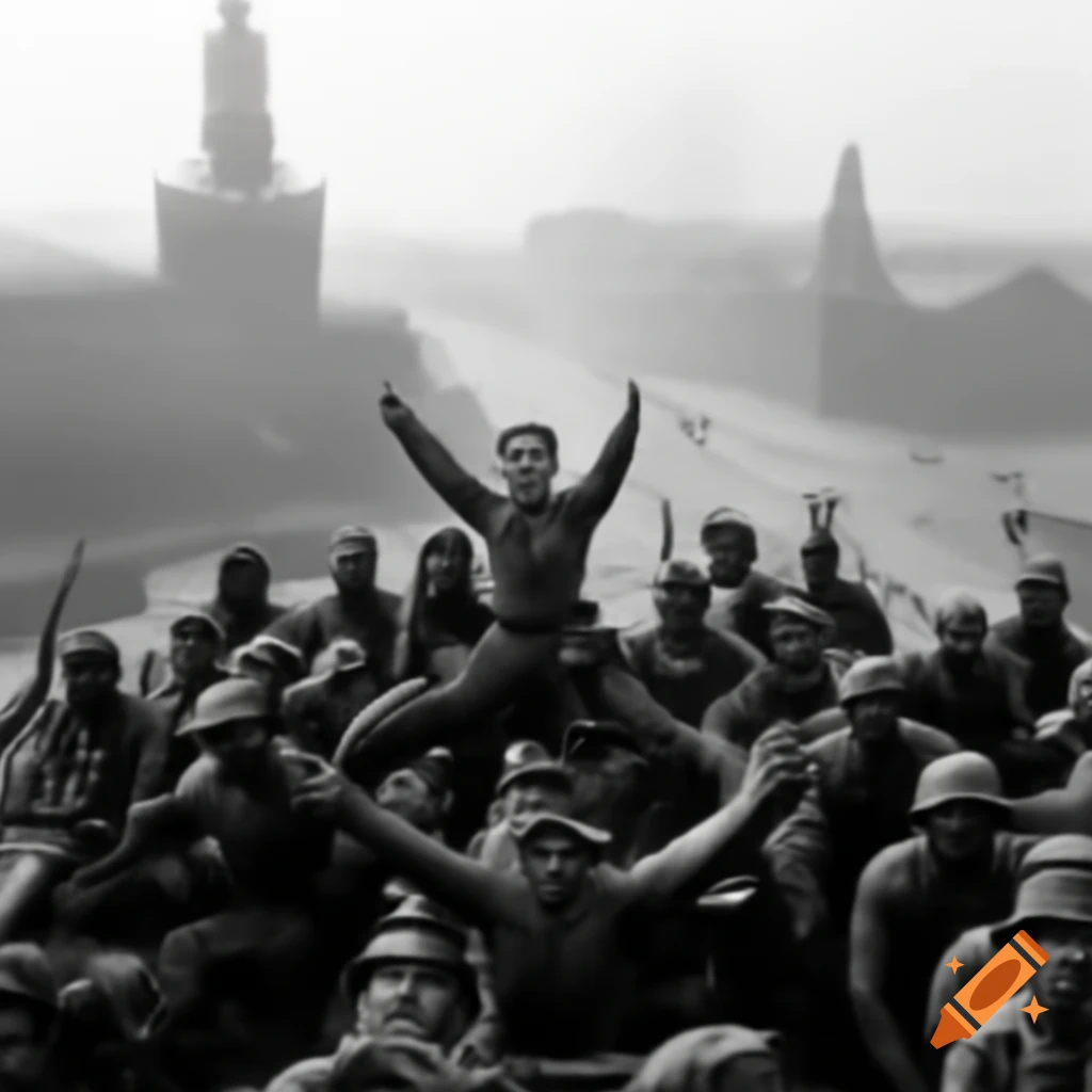 Panoramic view of victory day in moscow with marching troops and ...