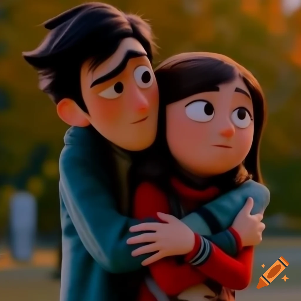 Pixar style illustration of two lovers hugging sadly in a park during ...