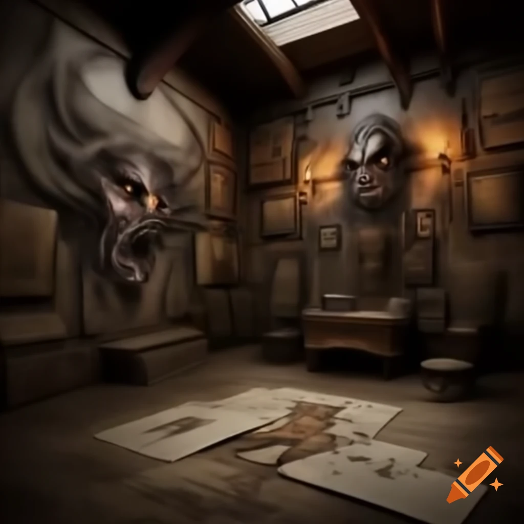 Realistic depiction of a large room in a scary house with demonic ...