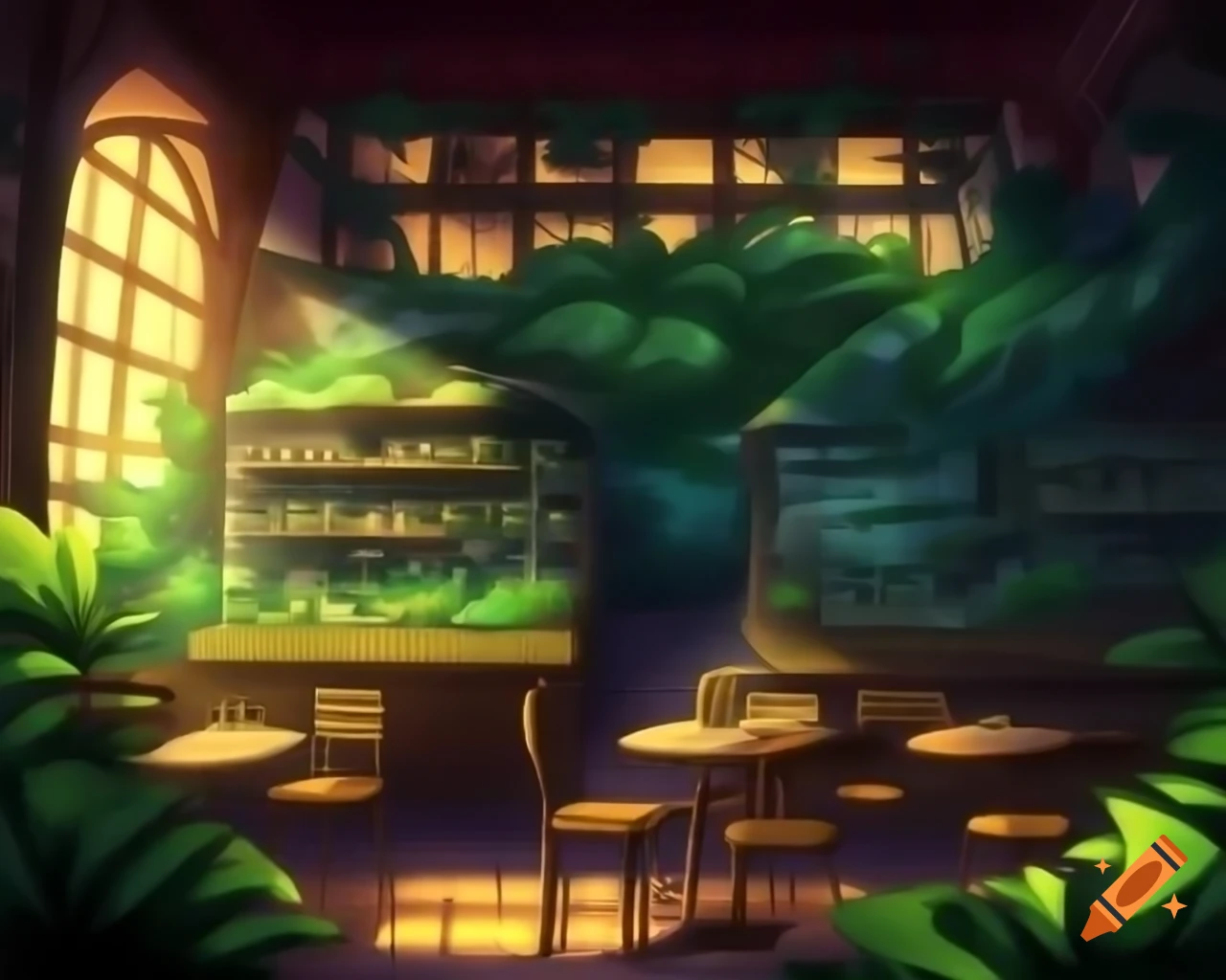 Magical wizard's leafy cafe with dramatic anime lighting and cascading ...