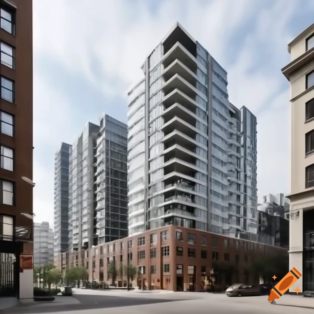 High-resolution view of four identical modern apartment buildings on ...