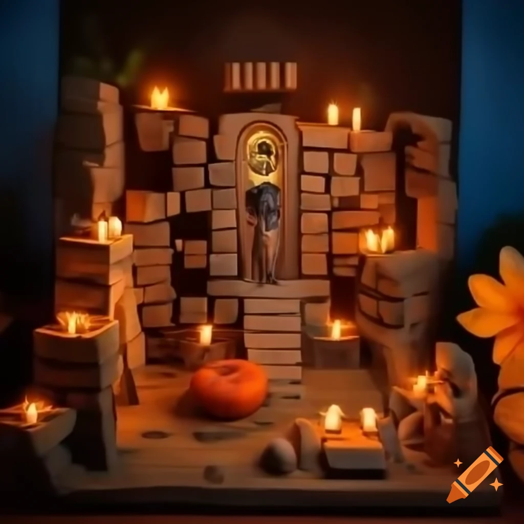 Diorama representing Día de Muertos with pre-Hispanic cultural elements ...