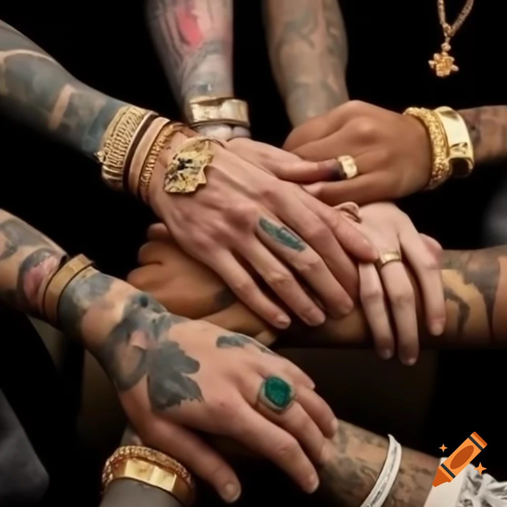 Tattooed hands adorned with gold jewelry on Craiyon