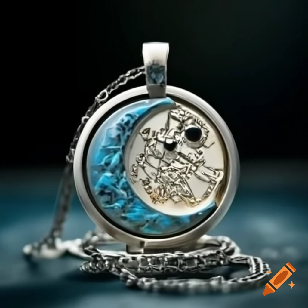 Exquisite silver locket with engraved vines and blue crescent moon ...