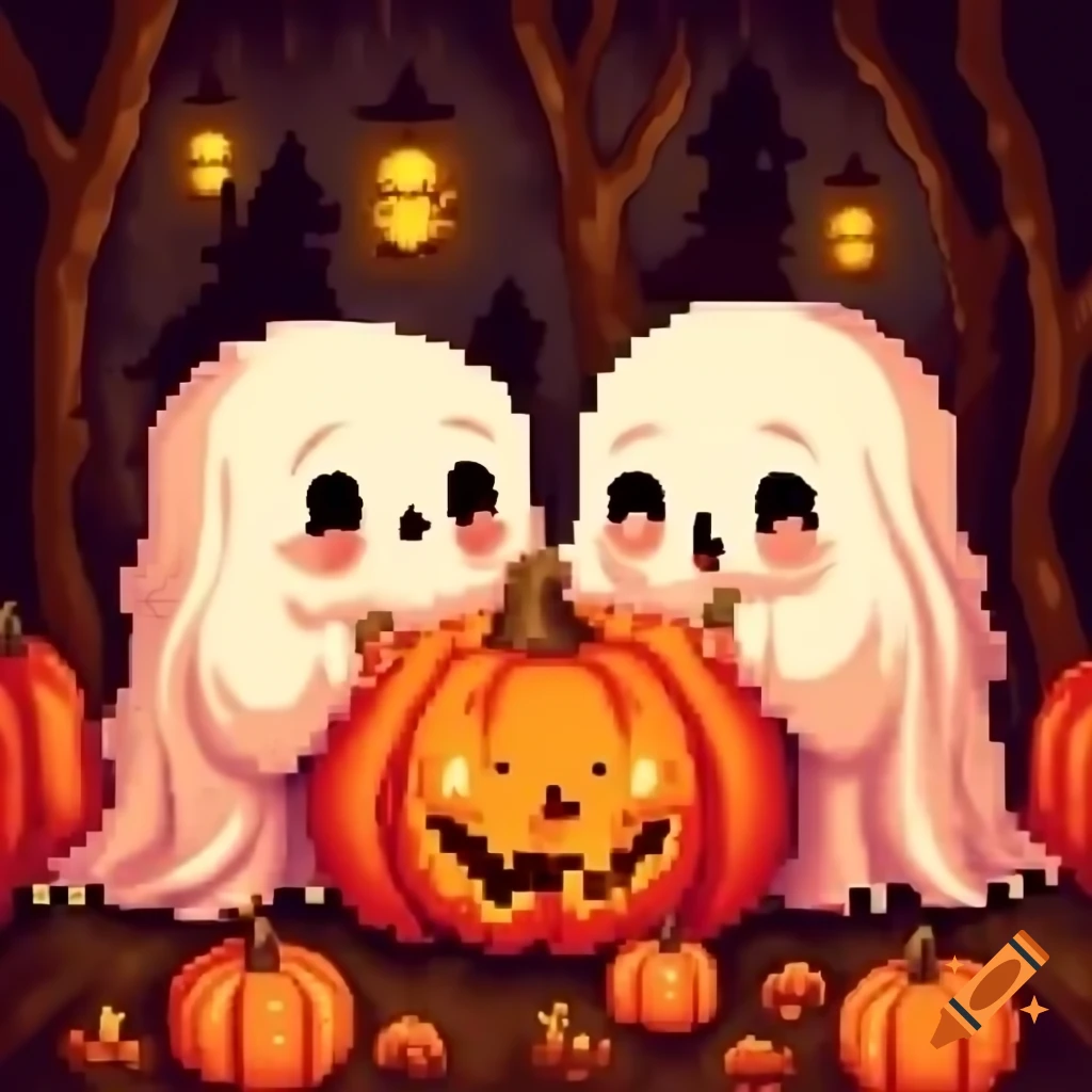 Pixelated ghosts surrounded by pumpkins, cute halloween theme on Craiyon