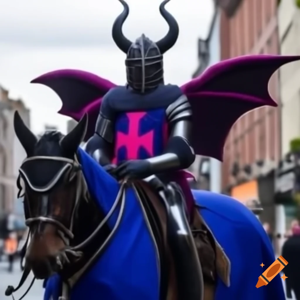 Knight on horse wearing devil horn helmet and angel wings on dublin ...