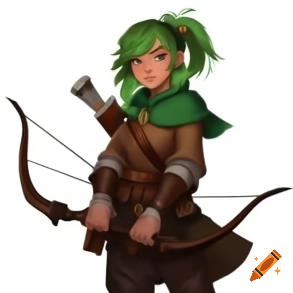 Young woman ranger with green hair in leather armor and cloak on Craiyon