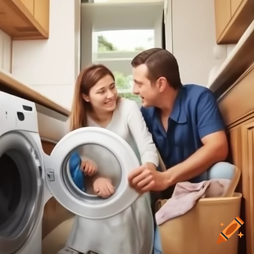 Husband busy emptying washing machine while wife observes on Craiyon