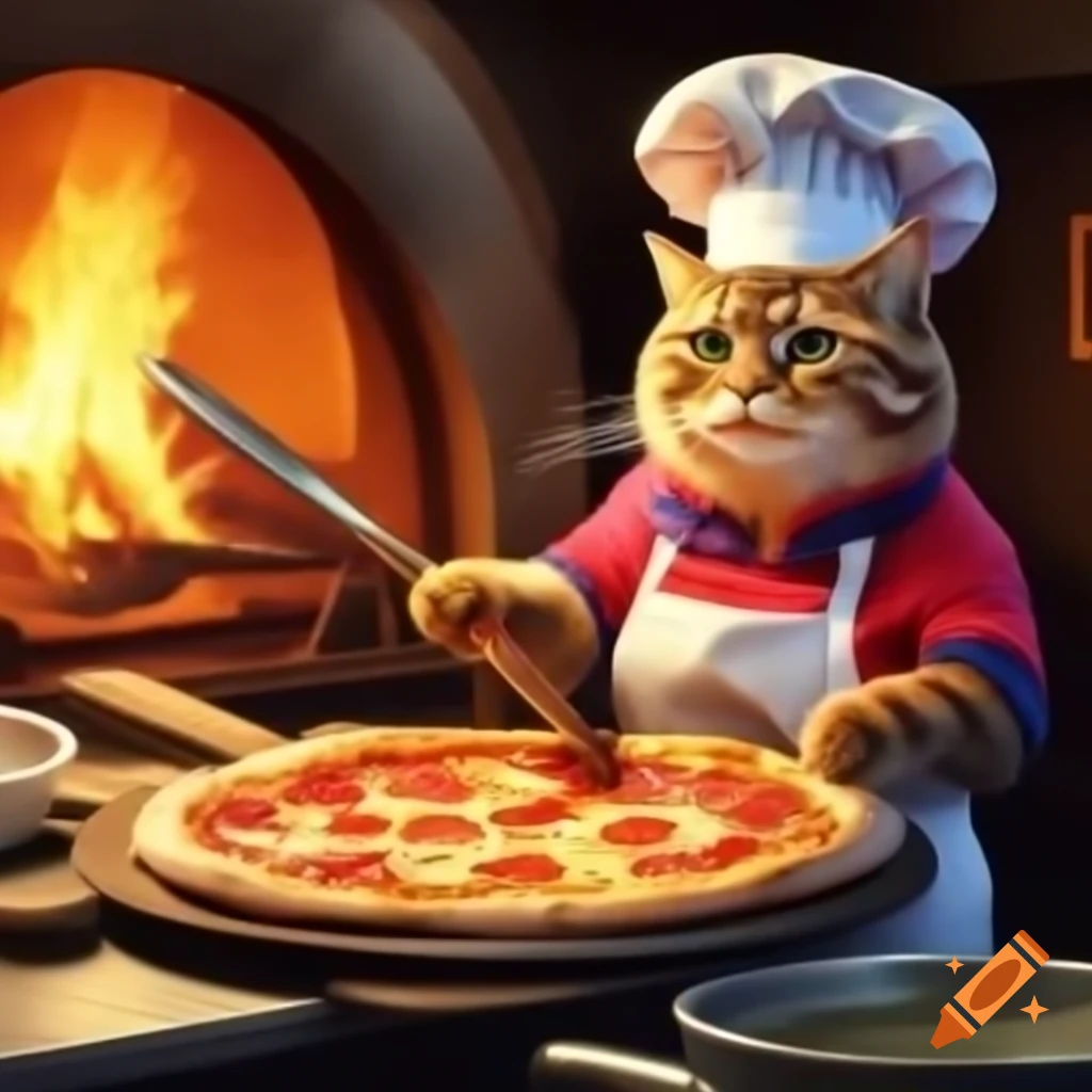 Woman chef cat preparing cat-friendly pizza on Craiyon
