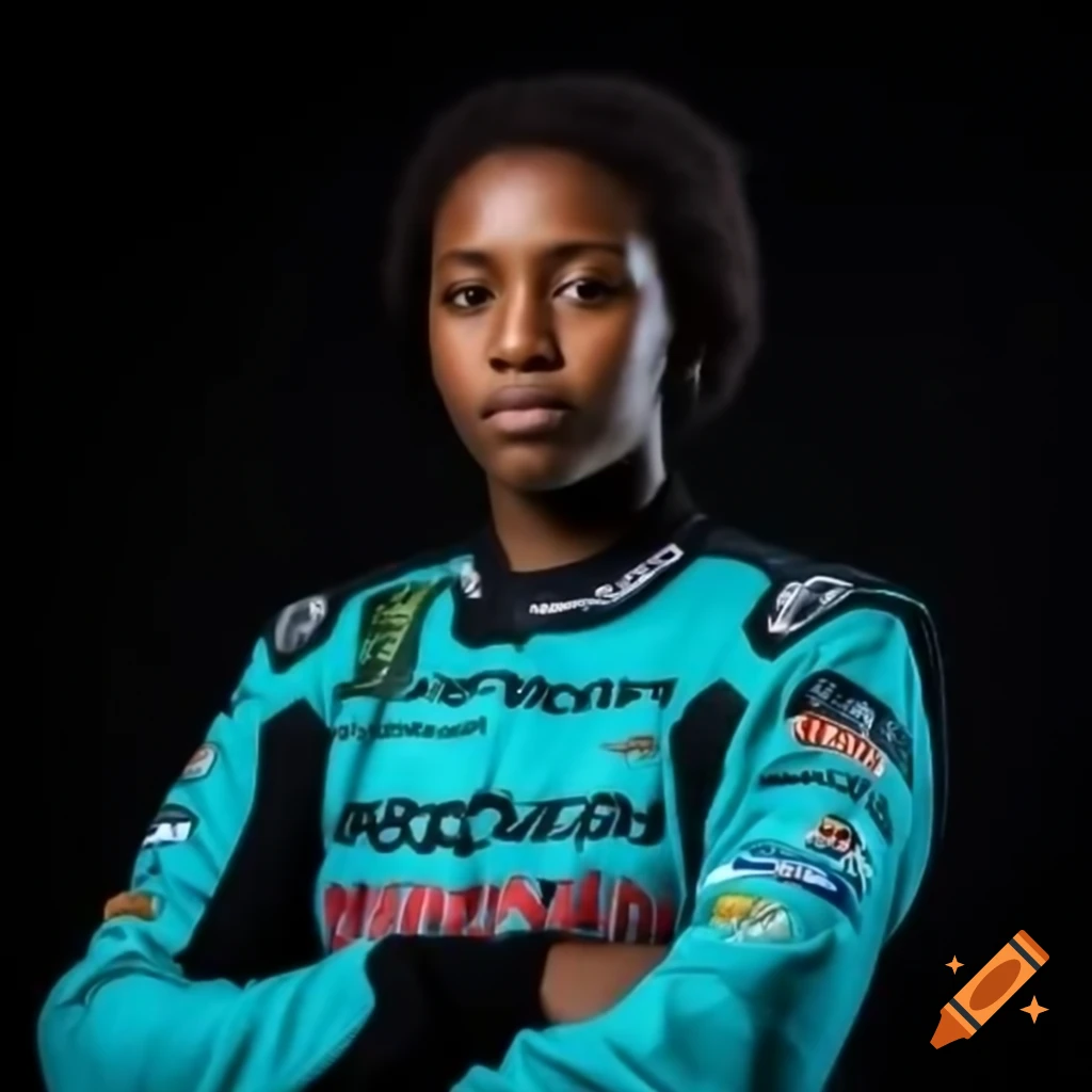 Confident young female racer with malagasy features in turquoise racing ...