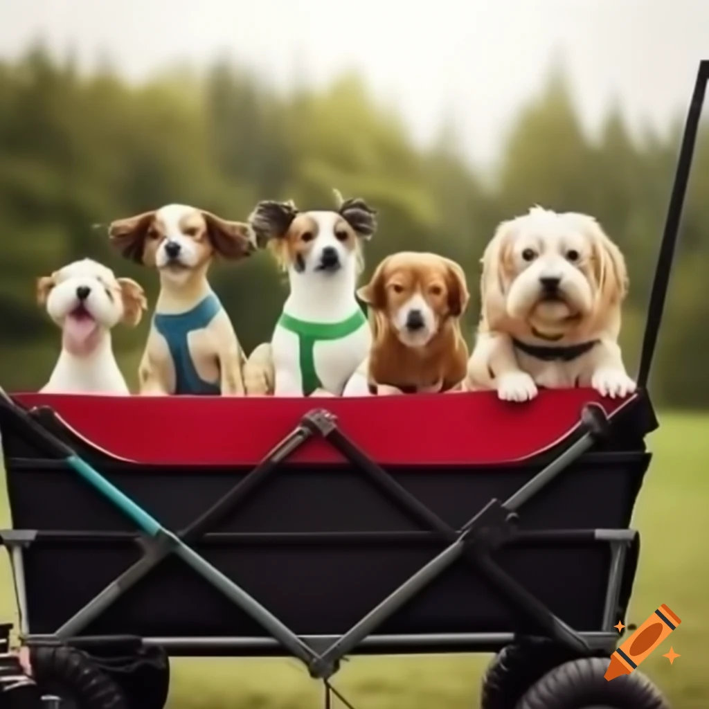 Dogs seated in a wagon with scissors nearby on Craiyon