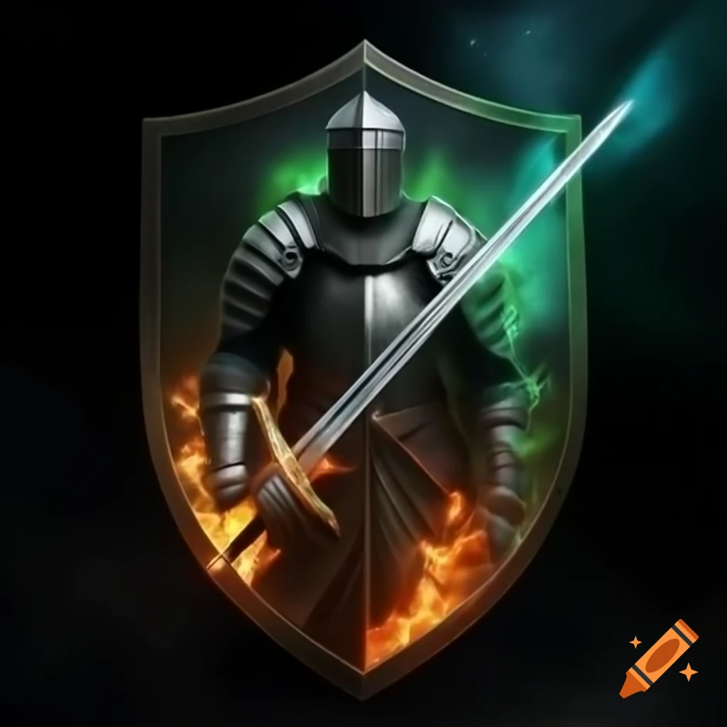 Knight's shield with aurora flames symbolizing determination and ...