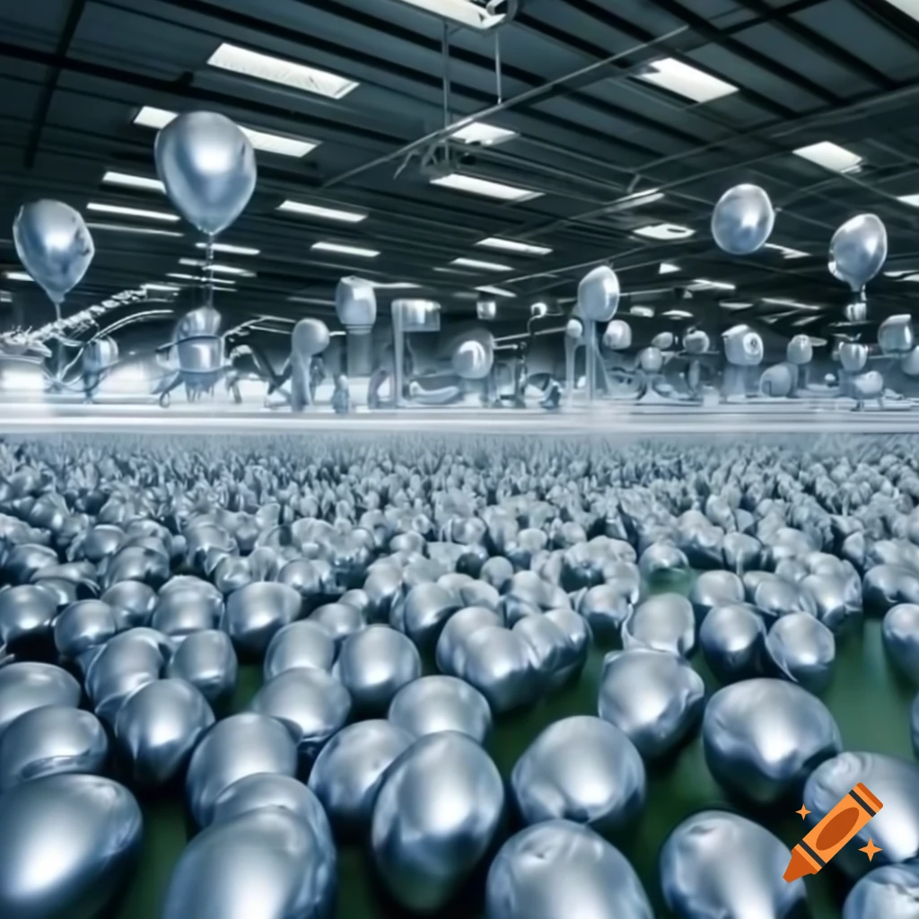 Spacious factory room decorated with silver balloons on Craiyon