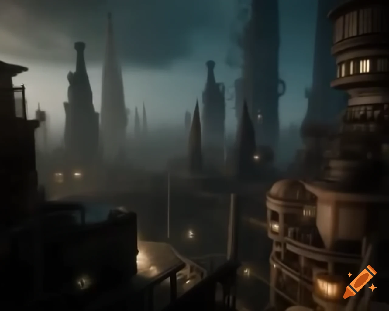 Alternate history cityscape with skyscrapers of rusted metal and ...