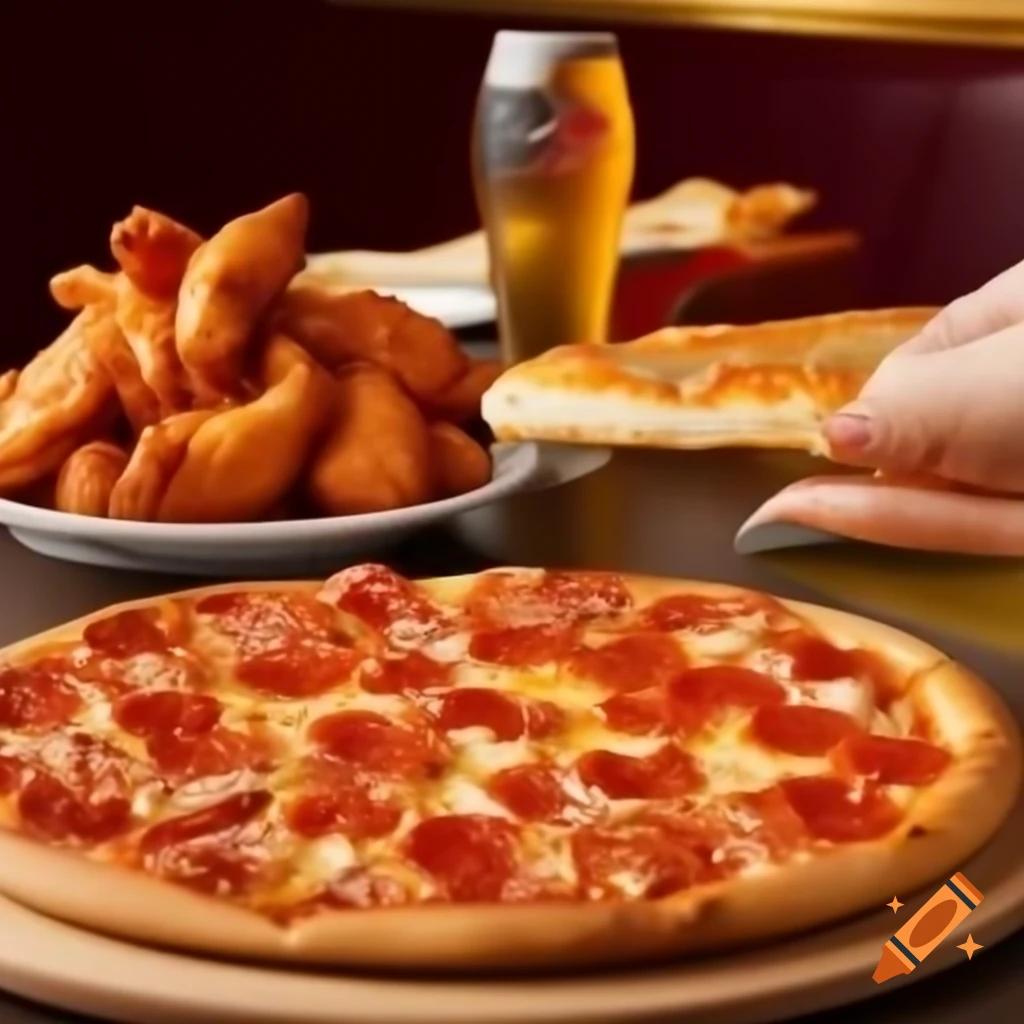 Delicious pizza, wings, and subs served in a restaurant on Craiyon