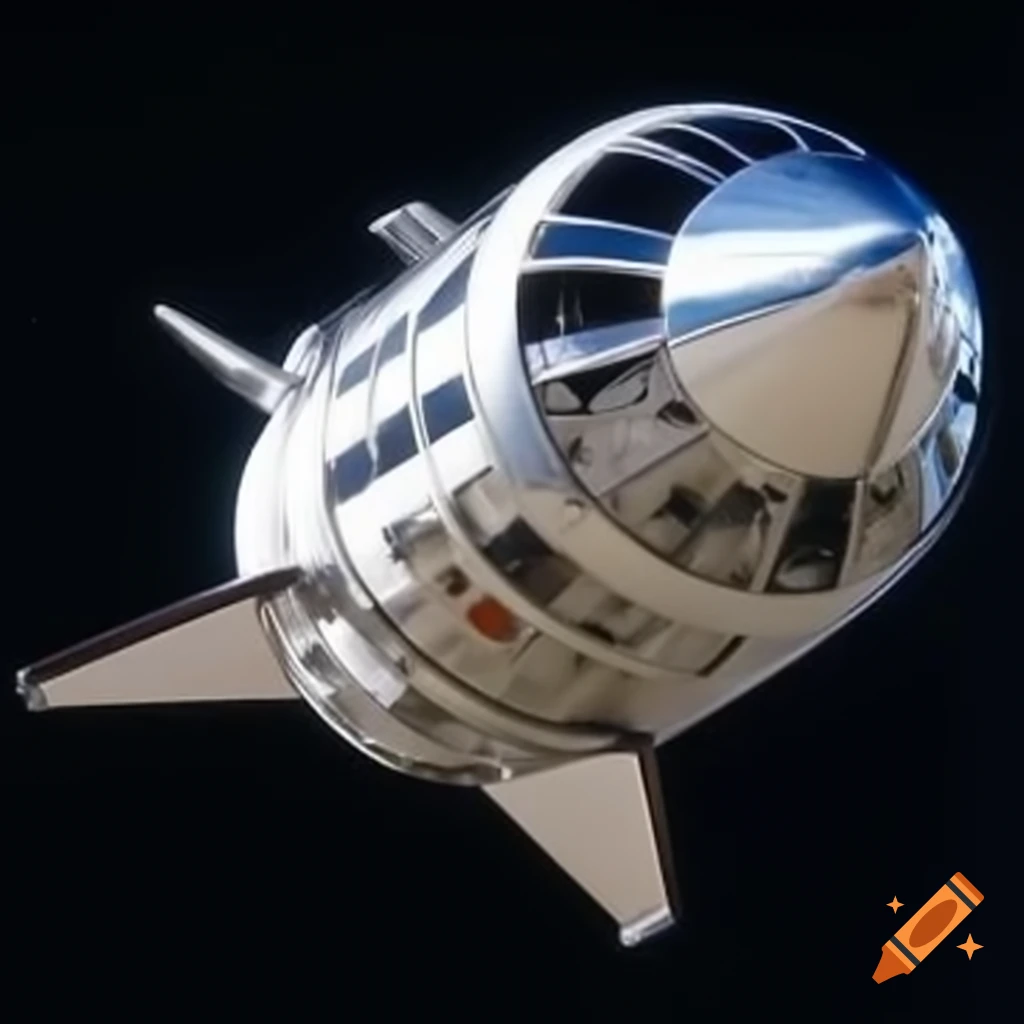 Retro space rocket with chrome parts and white body, featuring jet engines on Craiyon