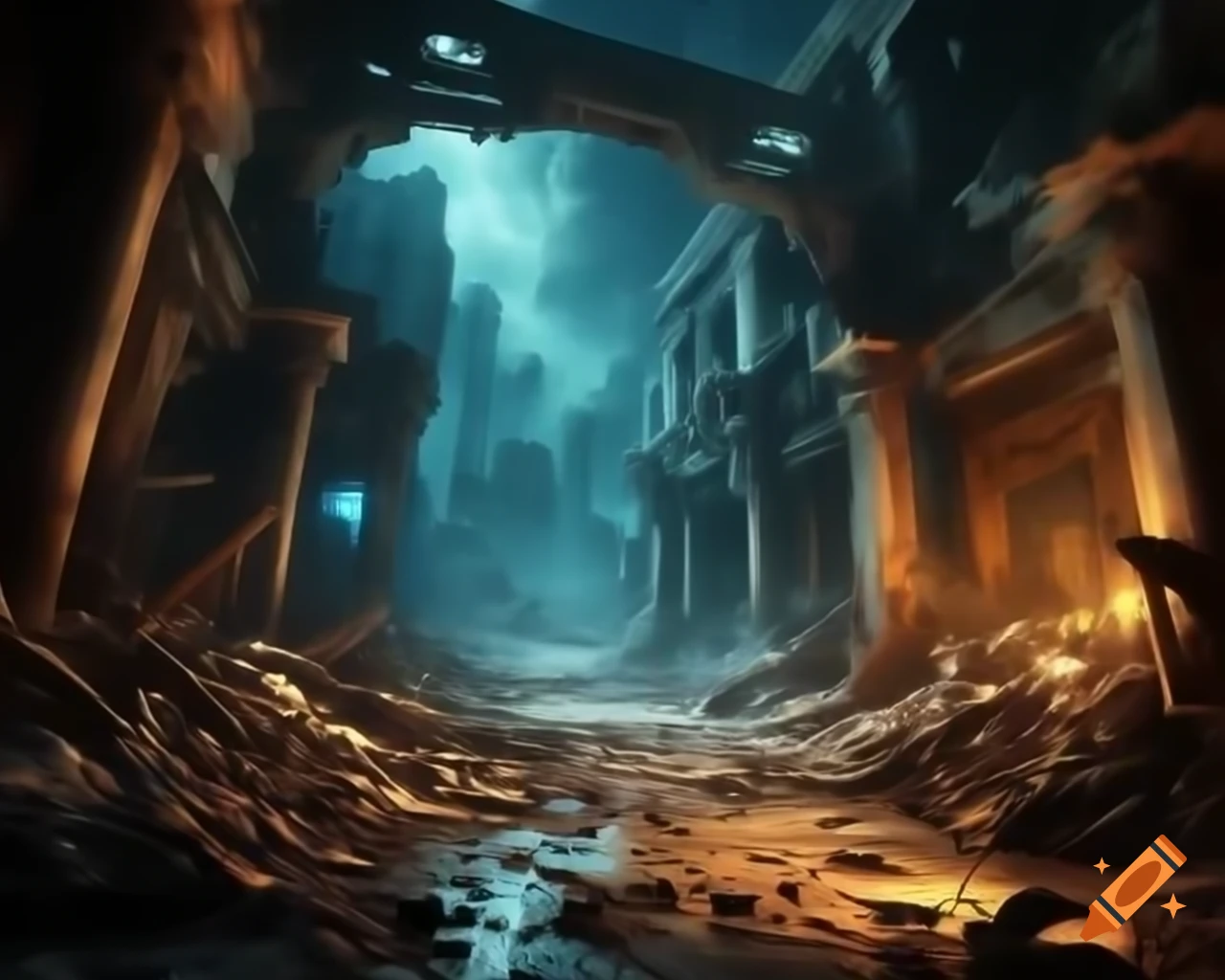 Post-apocalyptic scene depicting humanity rebuilding in a ruined world ...