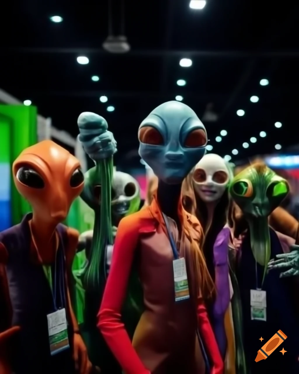 Lively convention scene with people in alien costumes and vibrant art on Craiyon