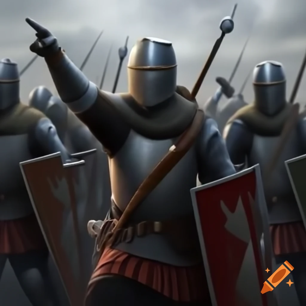 Knights raising swords, preparing to attack, with focus off-screen on ...