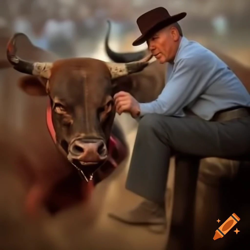 Man interacting with bulls in a farm setting on Craiyon