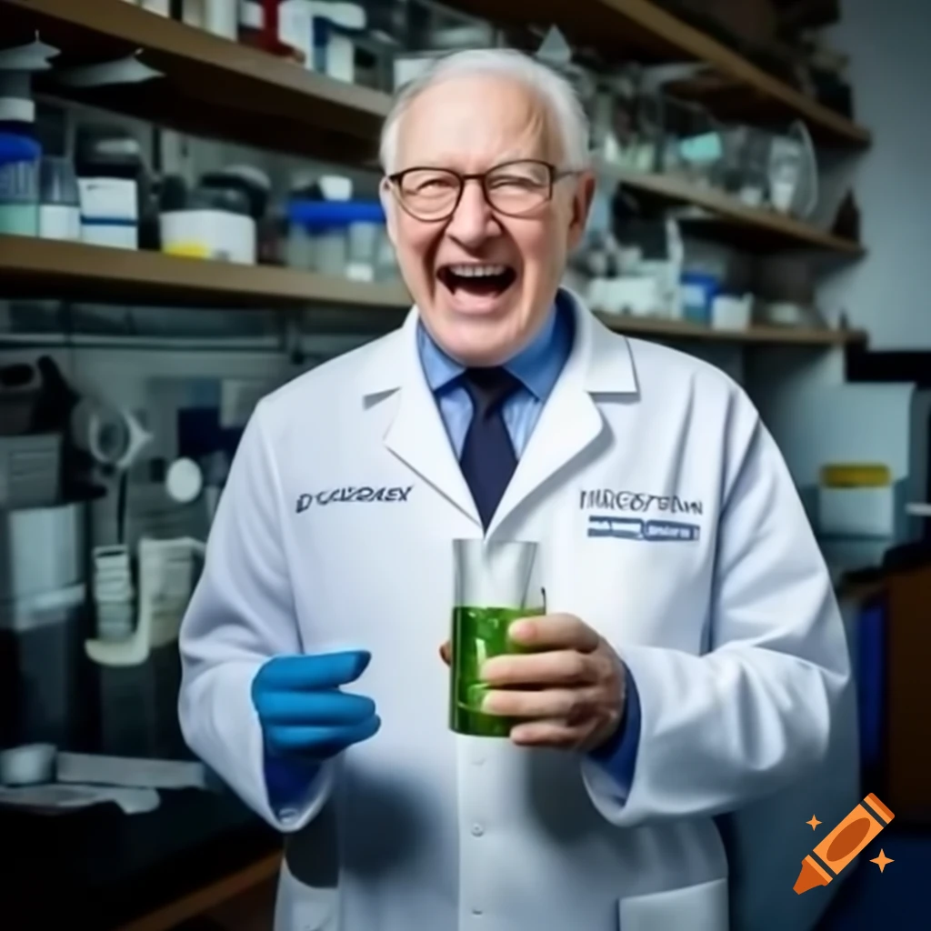 Mad scientist dr. stein laughing in laboratory holding green toxic acid on Craiyon