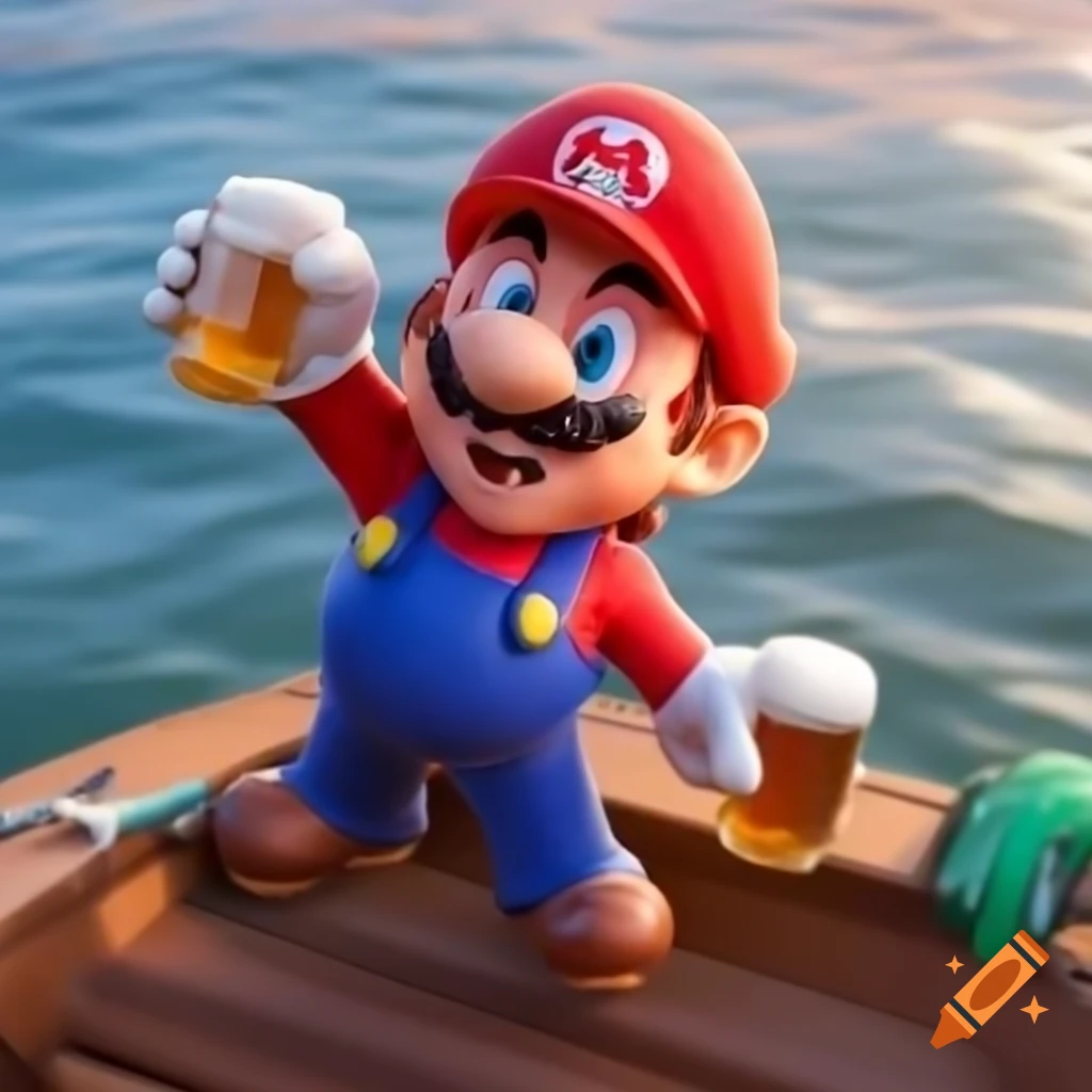 Super Mario in a boat, looking happy while holding a beer on Craiyon