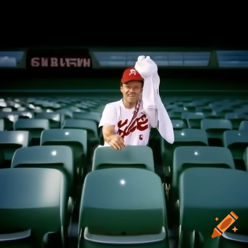 Baseball fan raising chair in stadium on Craiyon