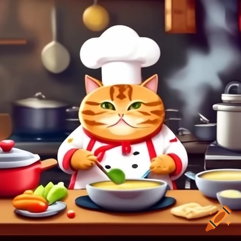 Chef cat preparing cat-friendly soup in the kitchen on Craiyon