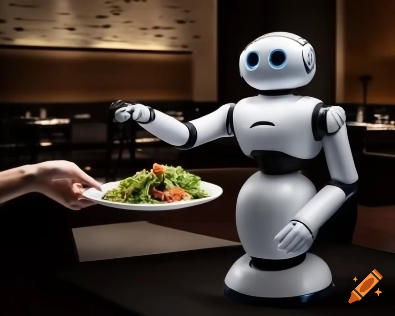 Chrome robot serving elegantly in restaurant with luminescent tray on ...