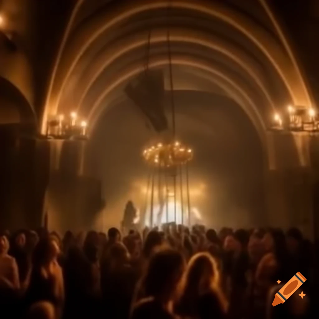 Medieval rave scene with chandelier hanging from roof on Craiyon