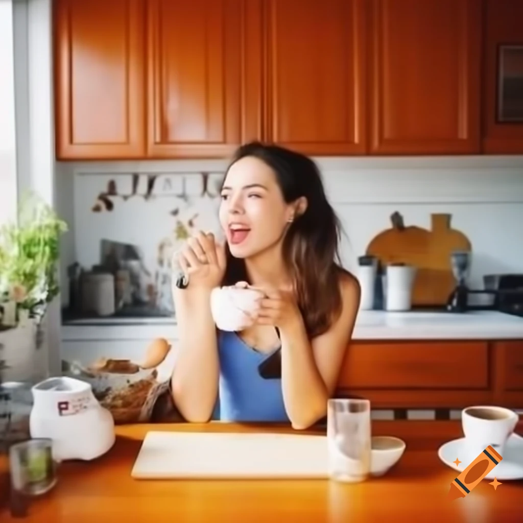 Woman enjoying yogurt and coffee in bright kitchen while watching tv on Craiyon