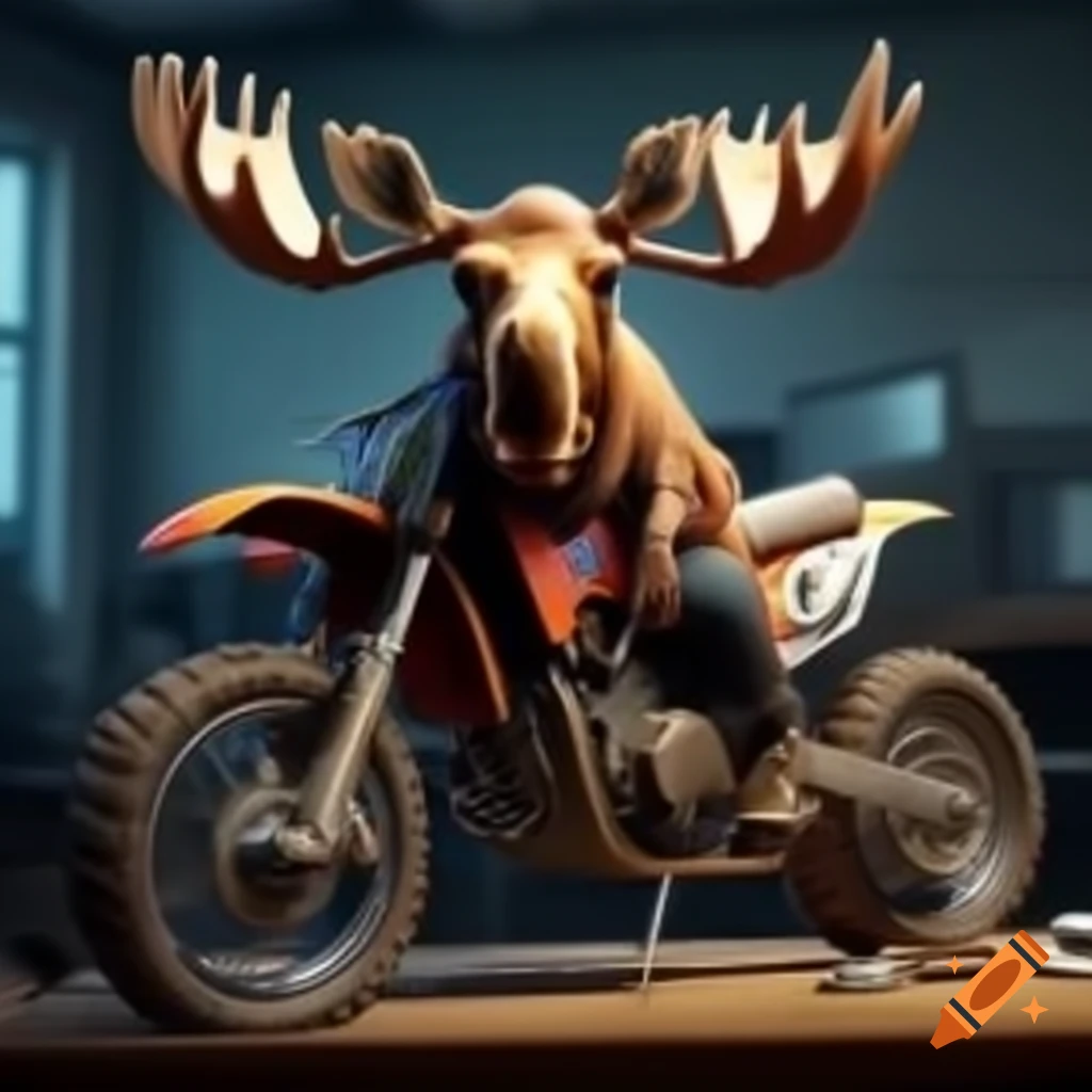 Moose riding a dirt bike on an office table on Craiyon