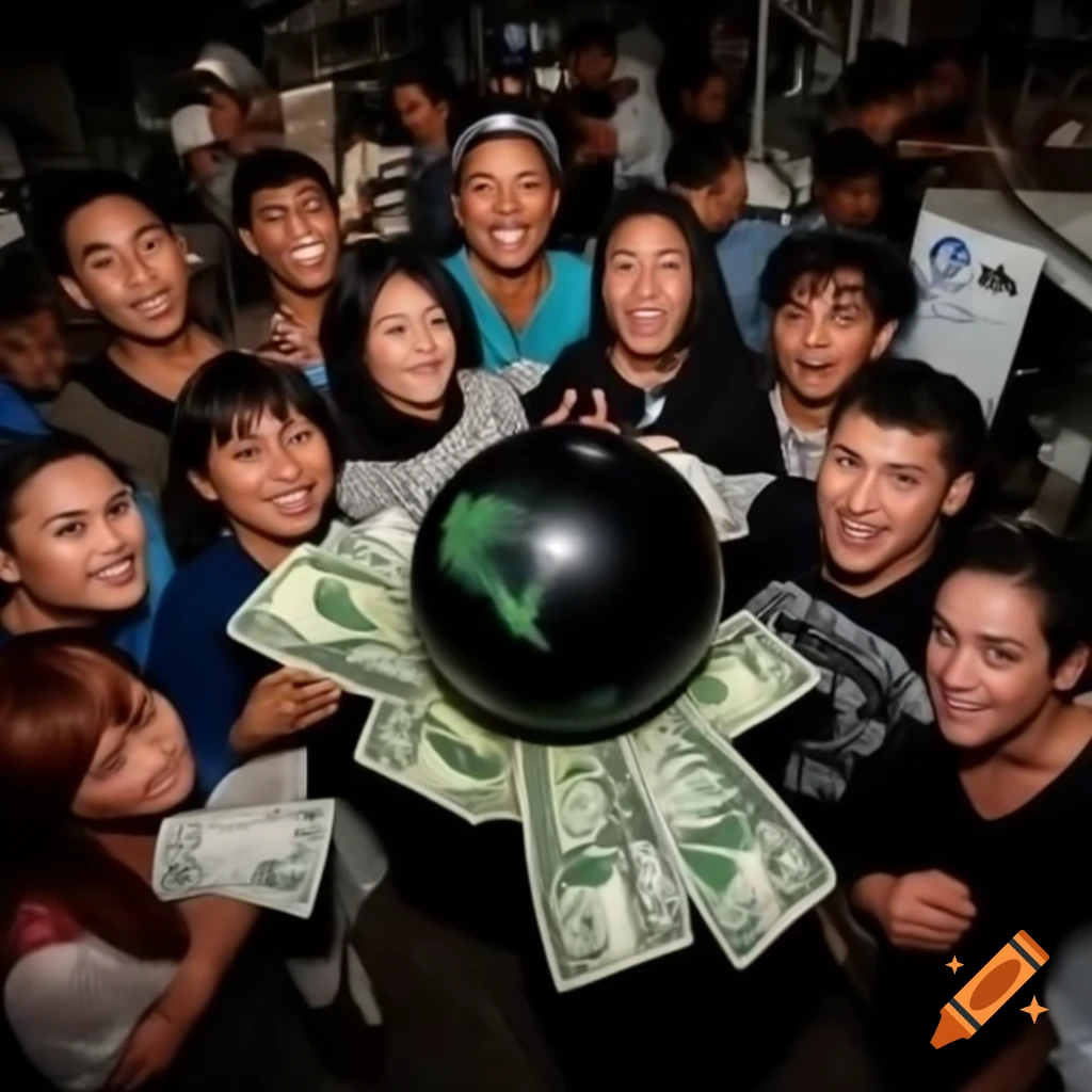 Crowd in American market center with people holding magic 8 balls on ...