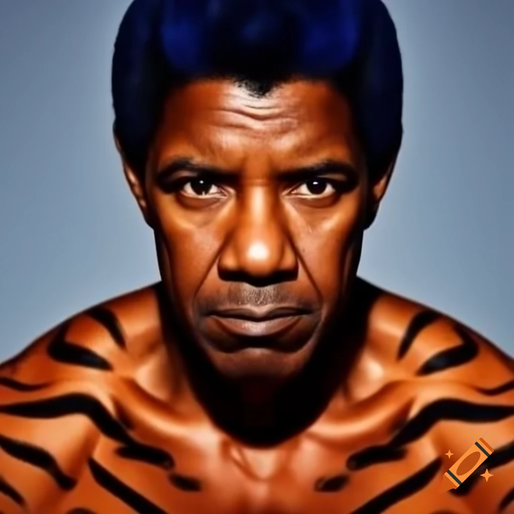 Muscular man with tiger-style makeup featuring blue hair and orange ...