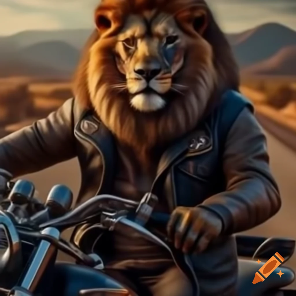 Lion in biker vest riding a motorcycle on Craiyon