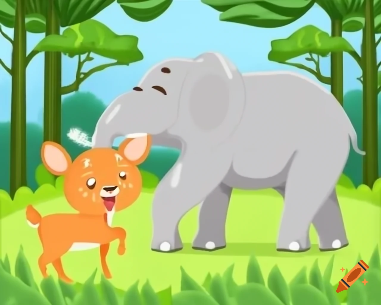 Happy deer and strong elephant in the forest on Craiyon