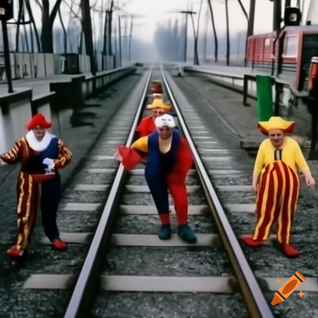 Clowns constructing tram track in vibrant colors on Craiyon