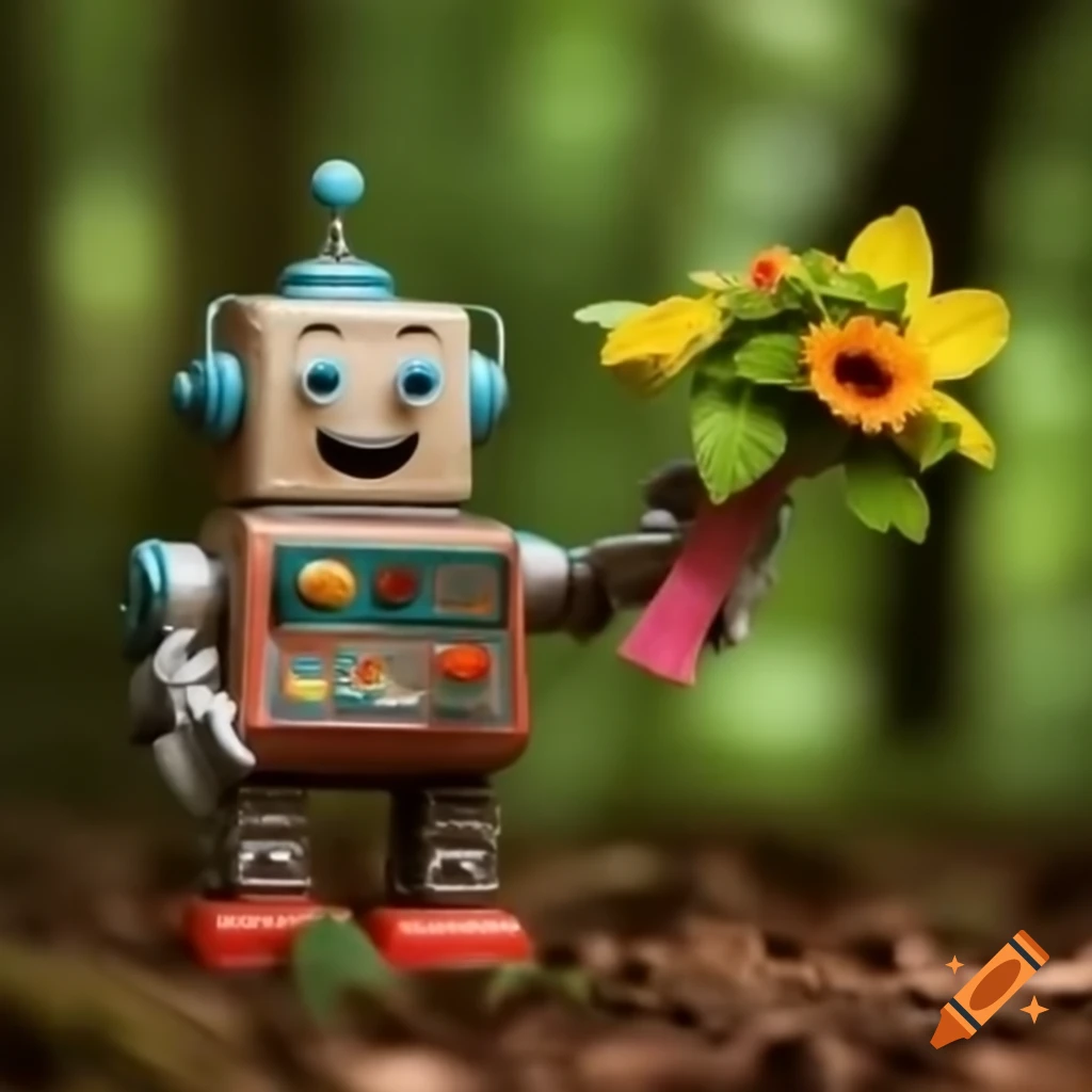 Cute surprised robot holding melting flower in detailed forest scene on ...
