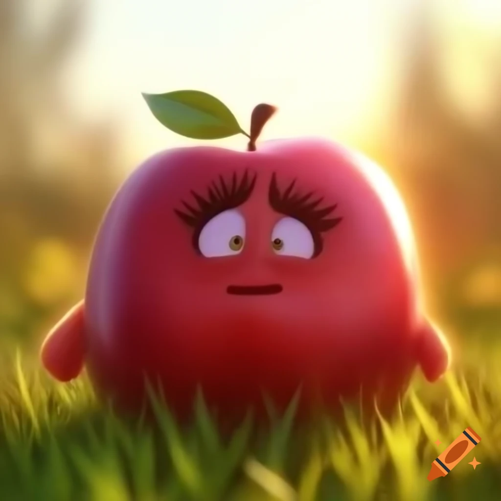 Plump ruby red apple with eyes under setting sun in green grass on Craiyon