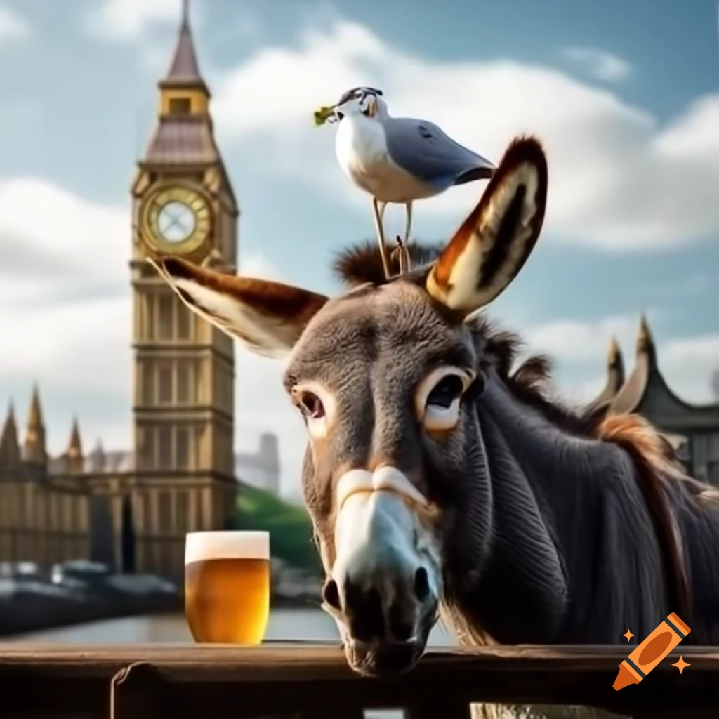 Donkey with seagull on its head enjoying beer near big ben on Craiyon