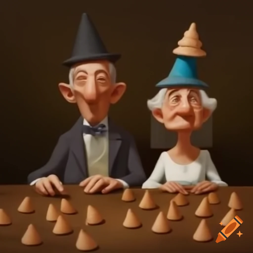 Elderly couple observing a cone player with numerous cones on a table ...