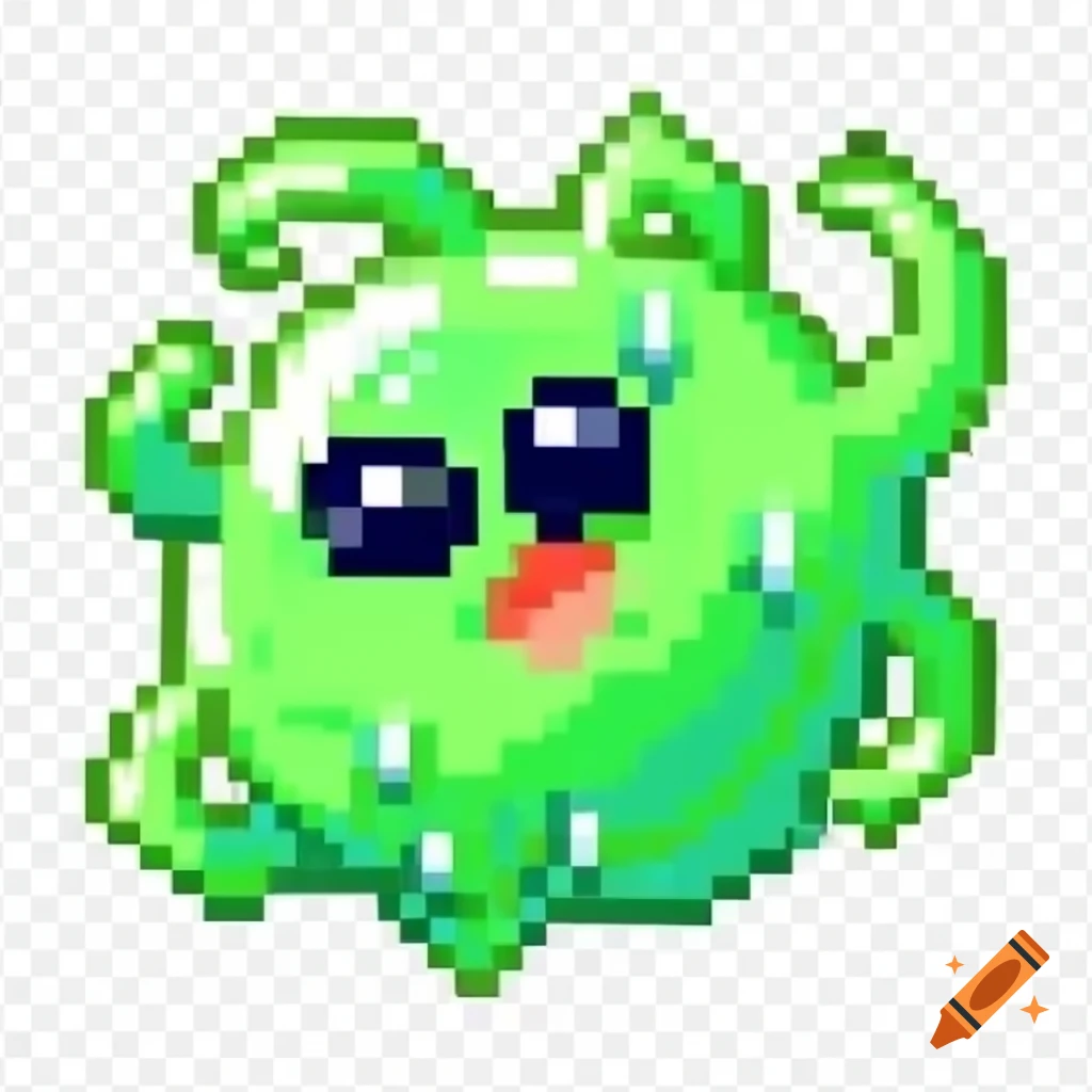 Pixel art green slime monster with big eyes and goofy smile on white ...
