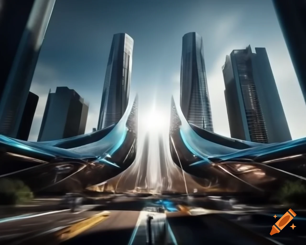 Futuristic cityscape with glass buildings, holographic ads, and flying ...