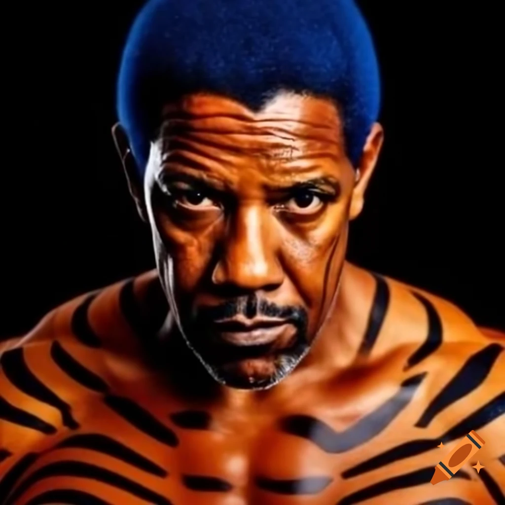 Muscular man with tiger-style makeup and blue hair on Craiyon