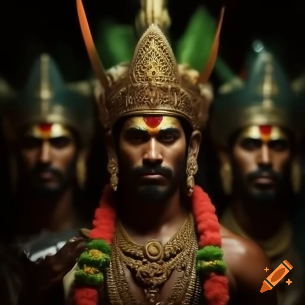Majestic depiction of King Ravana in heroic pose holding ornate sword ...