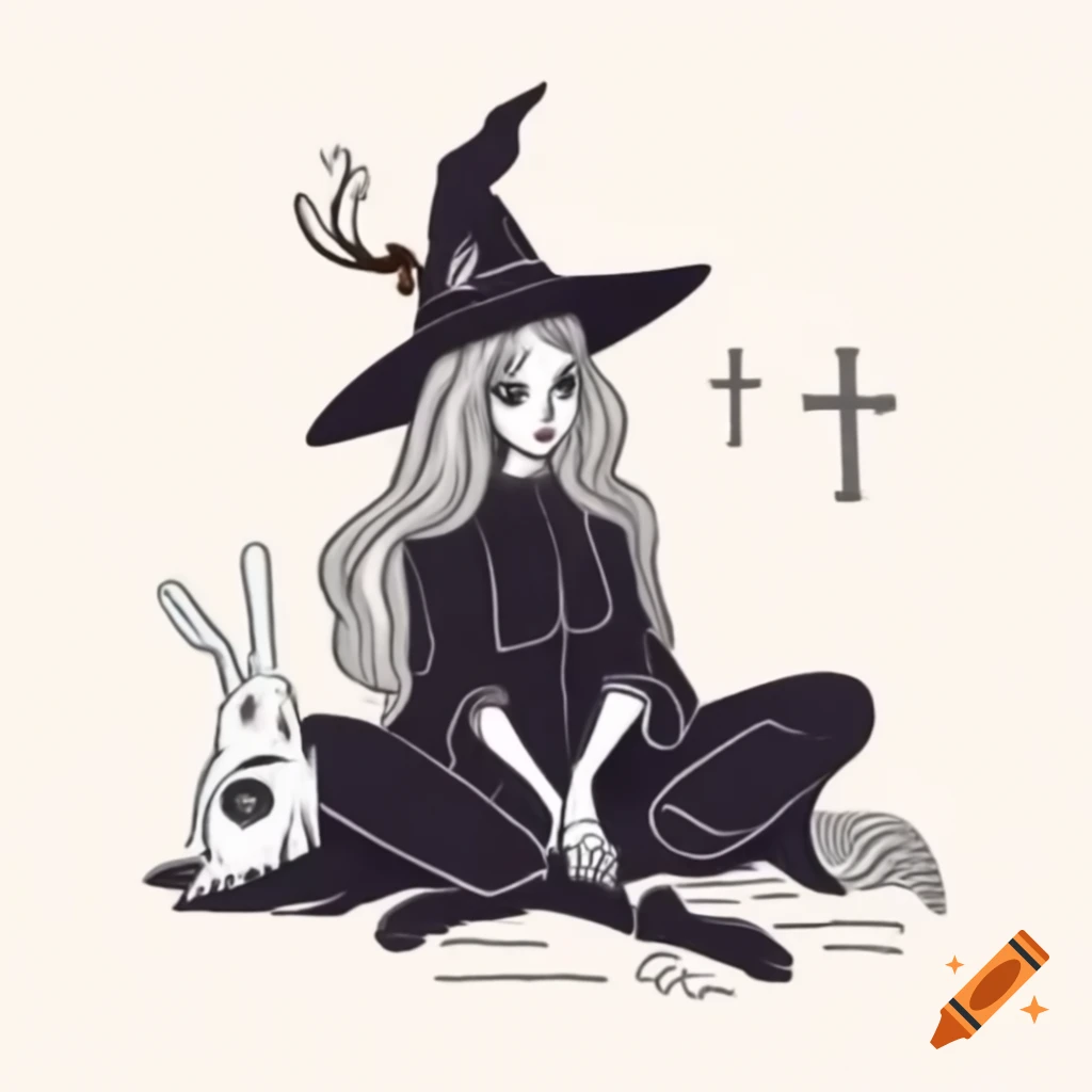 Witch in dark robes manipulating glowing magical energy, hand-drawn ...