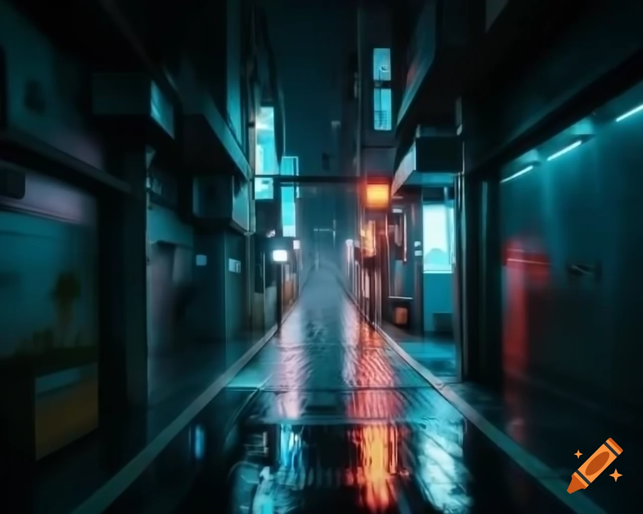 Cyberpunk alleyway with neon lights reflecting on wet surfaces on Craiyon