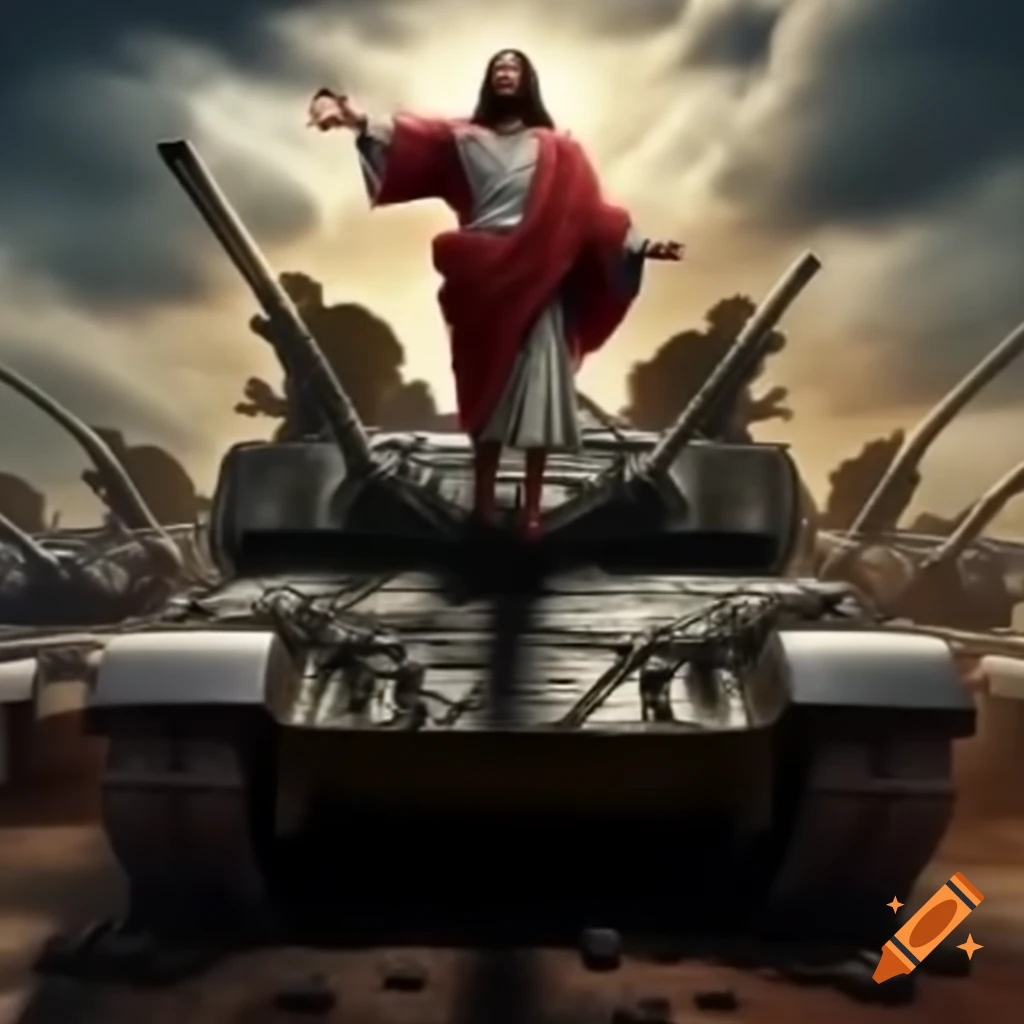 Jesus Christ on tank with soldiers marching, dramatic scene on Craiyon